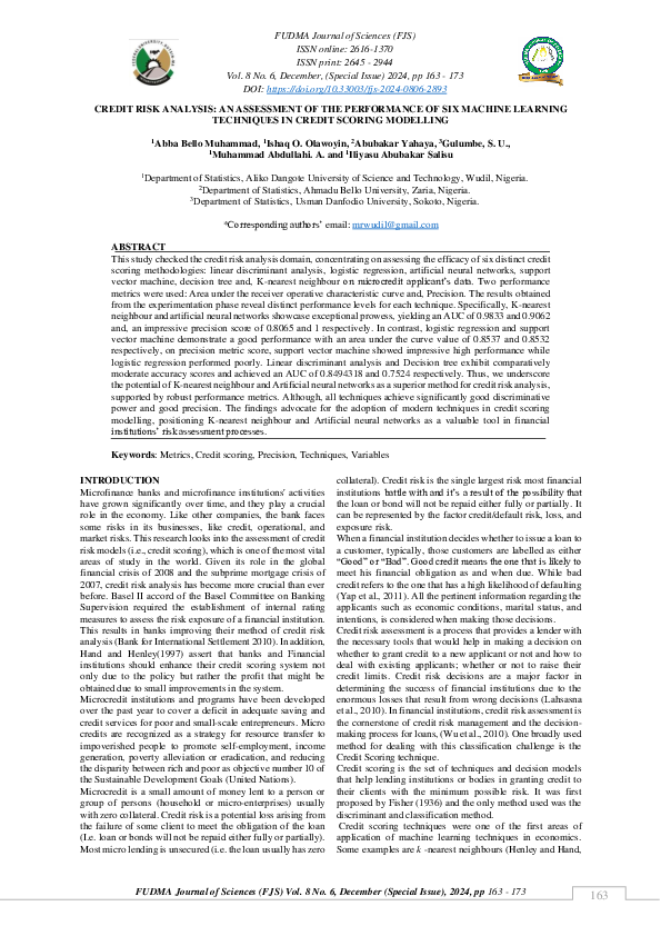 (PDF) CREDIT RISK ANALYSIS: AN ASSESSMENT OF THE PERFORMANCE OF SIX MACHINE LEARNING TECHNIQUES ...