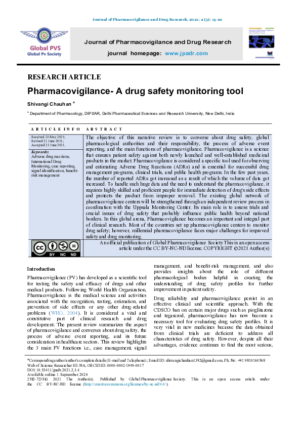 (PDF) Pharmacovigilance- A drug safety monitoring tool