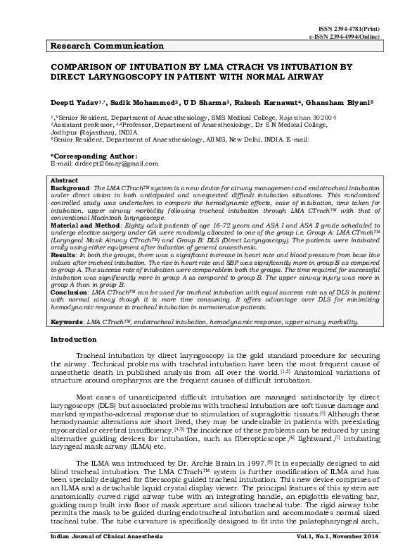 (PDF) Comparison of intubation by LMA CTrach vs intubation by direct ...