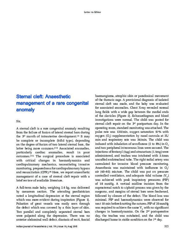 (PDF) Sternal cleft: Anaesthetic management of a rare congenital anomaly