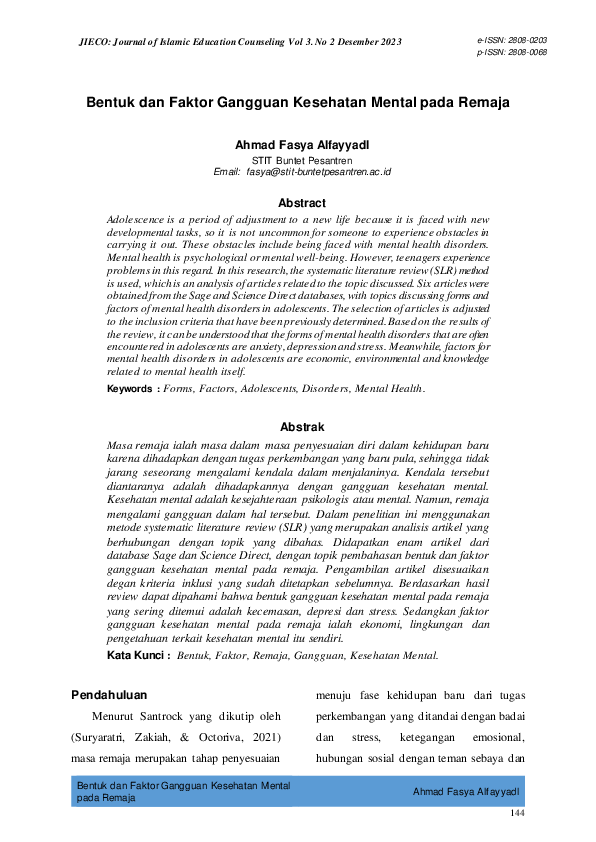 (PDF) Bentuk dan Faktor Gangguan Kesehatan Mental pada Remaja
