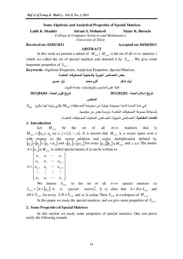 (PDF) Some Algebraic and Analytical Properties of Special Matrices