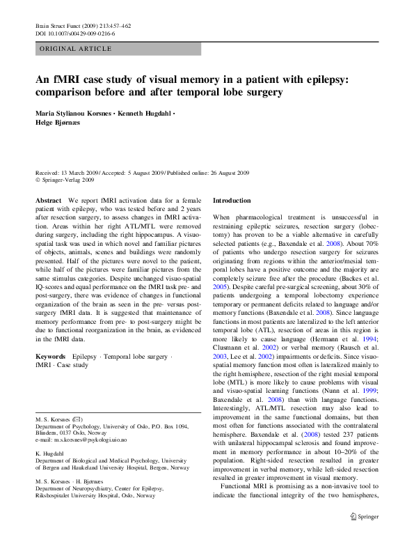 (PDF) An fMRI case study of visual memory in a patient with epilepsy ...