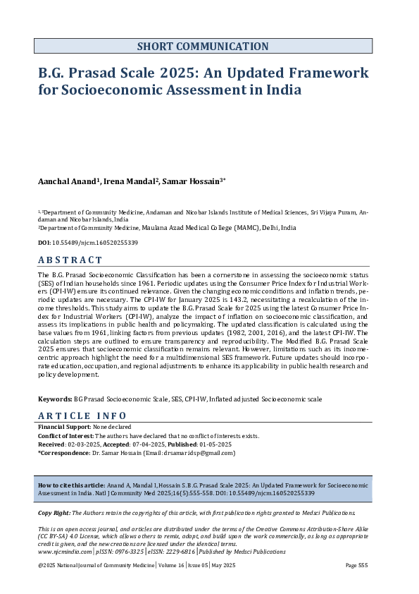 (PDF) B.G. Prasad Scale 2025: An Updated Framework for Socioeconomic ...