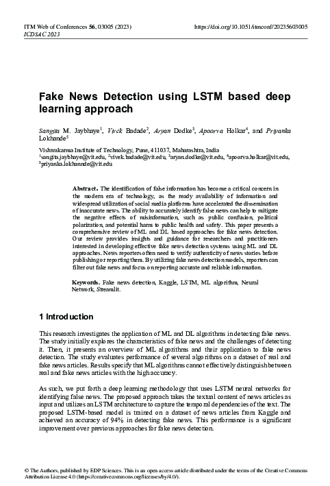 (PDF) Fake News Detection using LSTM based deep learning approach