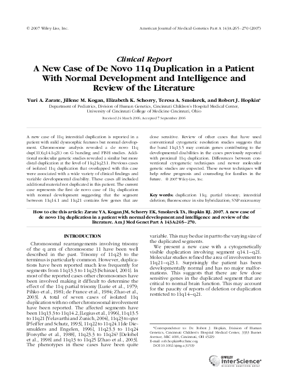 (PDF) A new case of de novo 11q duplication in a patient with normal ...