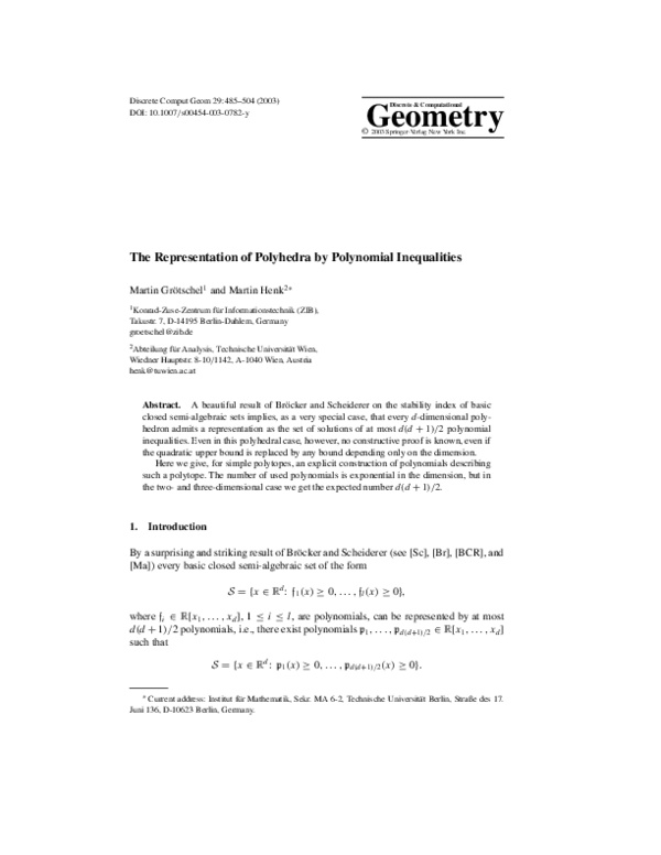 (PDF) The Representation of Polyhedra by Polynomial Inequalities