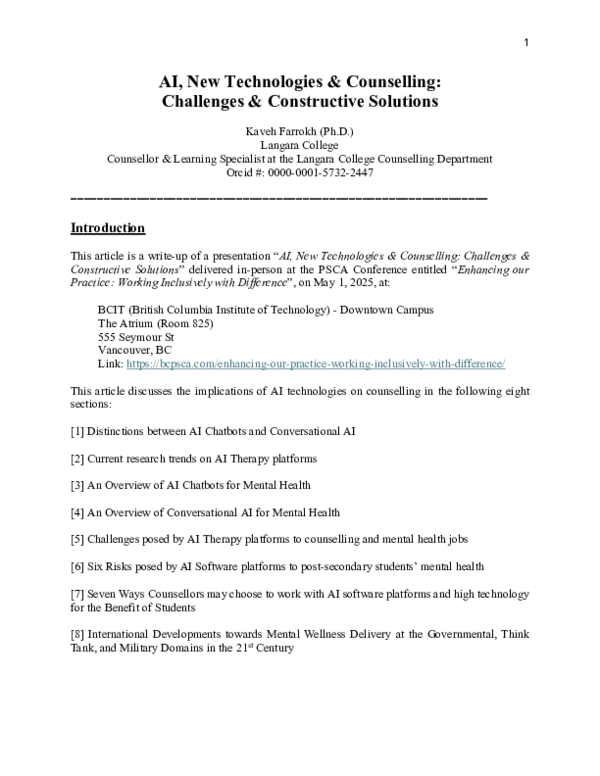 (PDF) Farrokh, K. (2025). AI, New Technologies & Counselling: Challenges & Constructive Solutions.