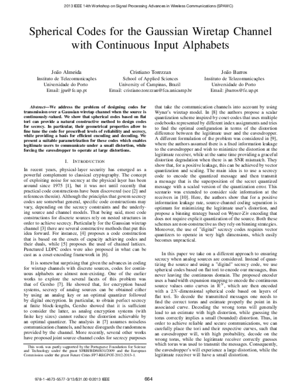 (PDF) Spherical codes for the Gaussian wiretap channel with continuous input alphabets