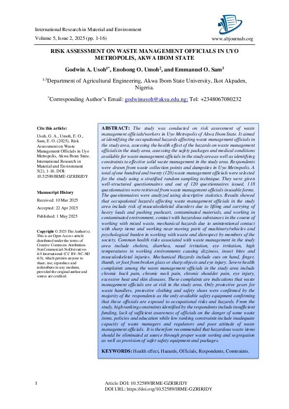(PDF) RISK ASSESSMENT ON WASTE MANAGEMENT OFFICIALS IN UYO METROPOLIS ...