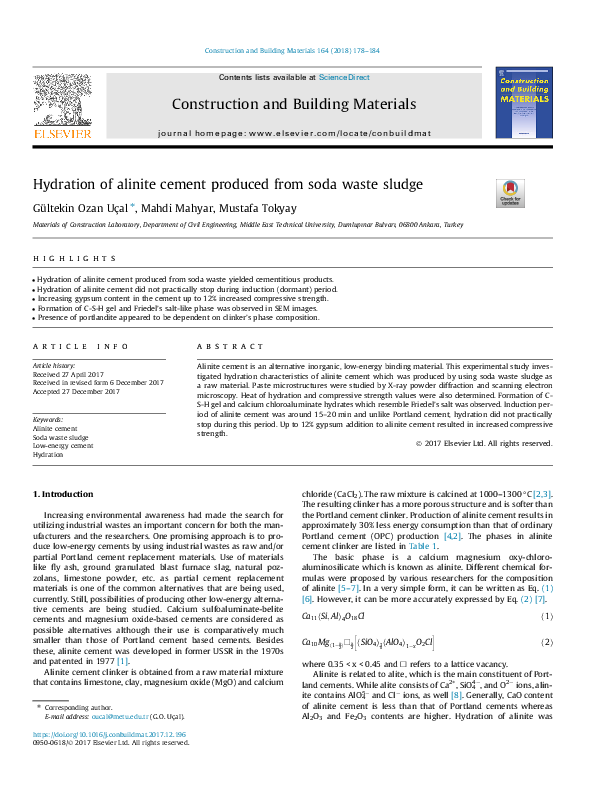 (PDF) Hydration of alinite cement produced from soda waste sludge