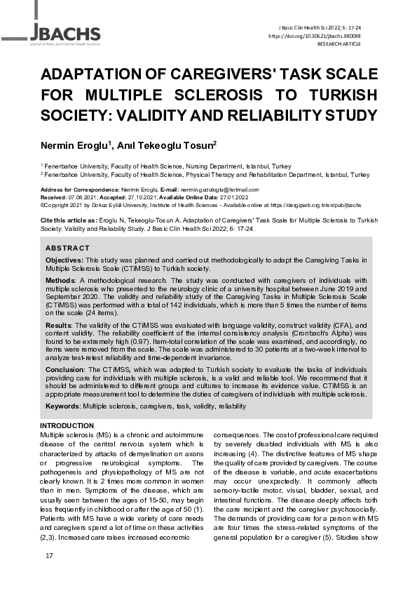 (PDF) Adaptation of Caregivers' Task Scale for Multiple Sclerosis to ...