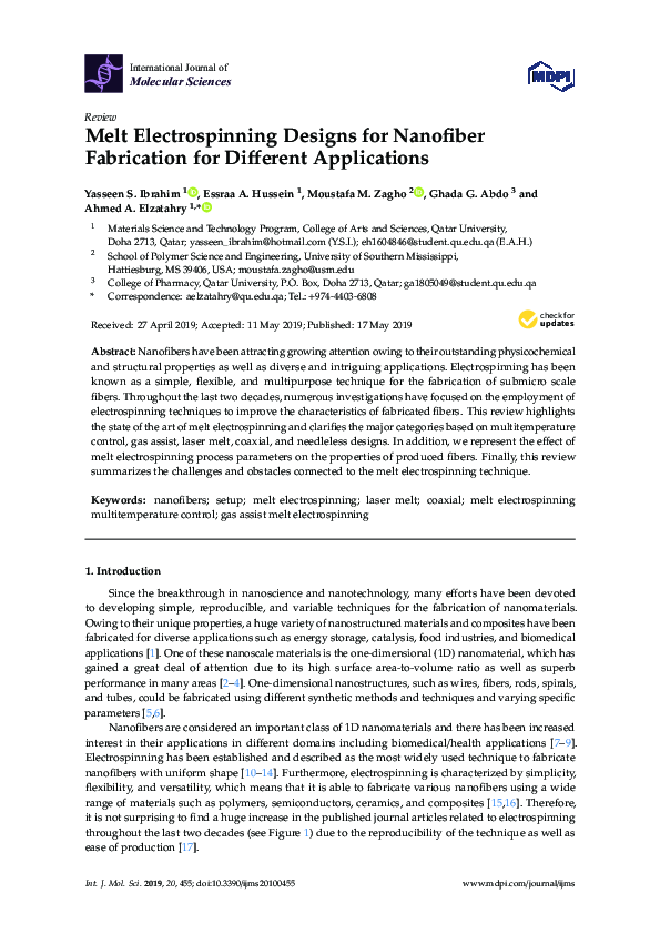 (PDF) Melt Electrospinning Designs for Nanofiber Fabrication for Different Applications