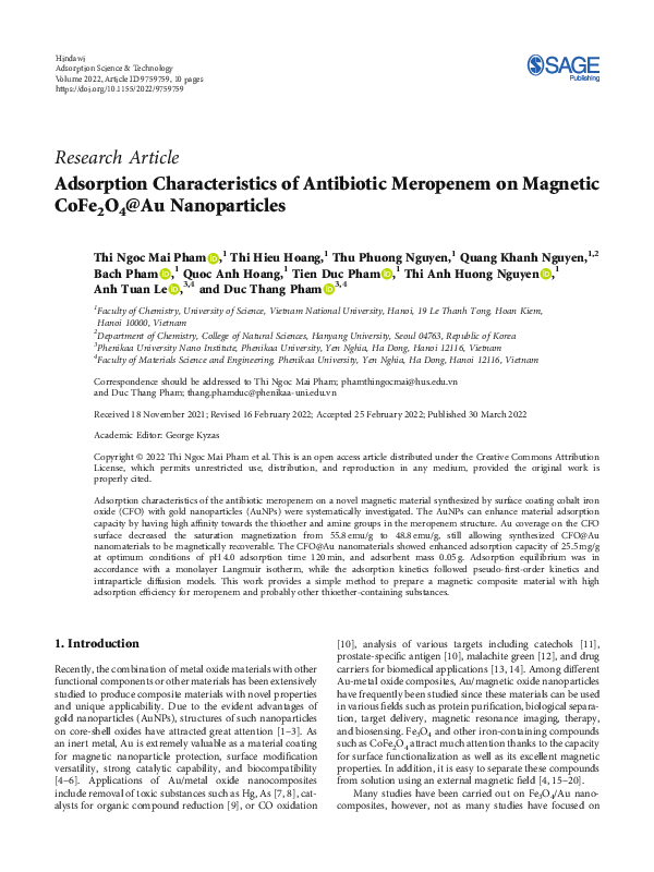 (PDF) Adsorption Characteristics of Antibiotic Meropenem on Magnetic CoFe2O4@Au Nanoparticles