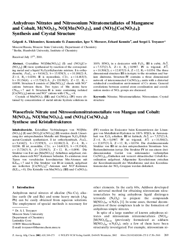 (PDF) Anhydrous nitrates and nitrosonium nitratometallates of manganese ...