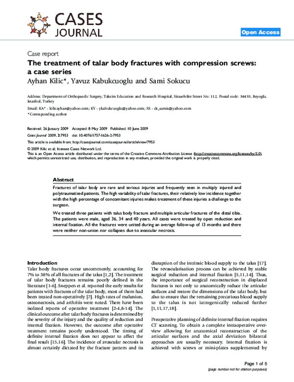 (PDF) The treatment of talar body fractures with compression screws: a ...