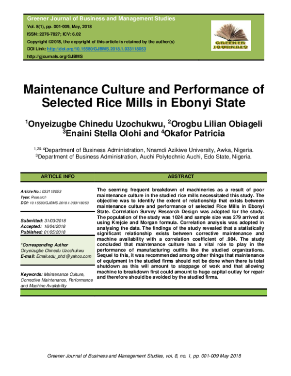 (PDF) Maintenance Culture and Performance of Selected Rice Mills in ...