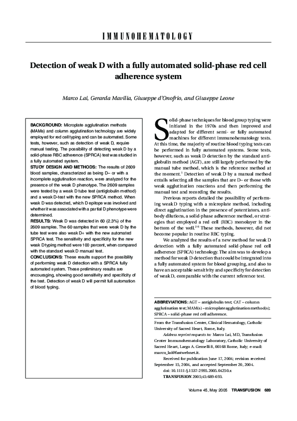 (PDF) Detection of weak D with a fully automated solid‐phase red cell ...