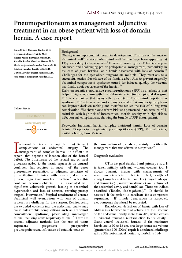 (PDF) Pneumoperitoneum as management adjunctive treatment in an obese ...
