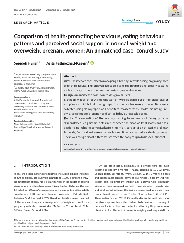 (PDF) Comparison of health‐promoting behaviours, eating behaviour ...