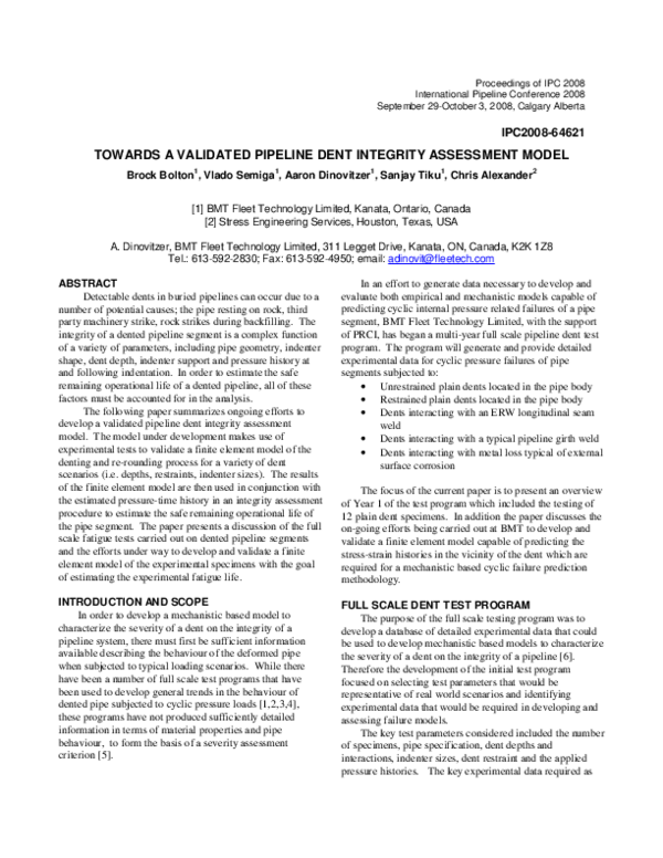 (PDF) Towards a Validated Pipeline Dent Integrity Assessment Model
