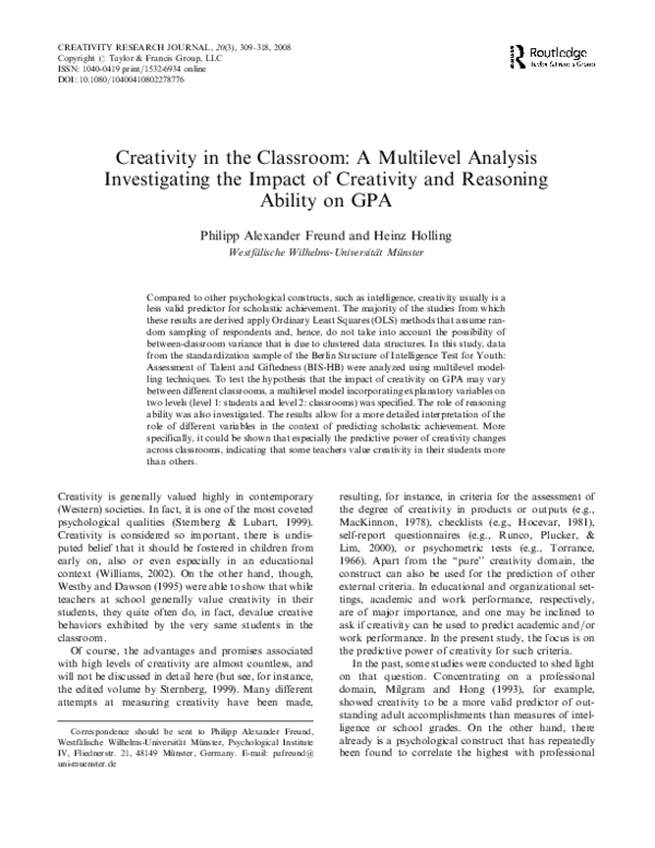 (PDF) Creativity in the Classroom: A Multilevel Analysis Investigating ...