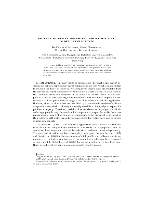 (PDF) Optimal paired comparison designs for first-order interactions