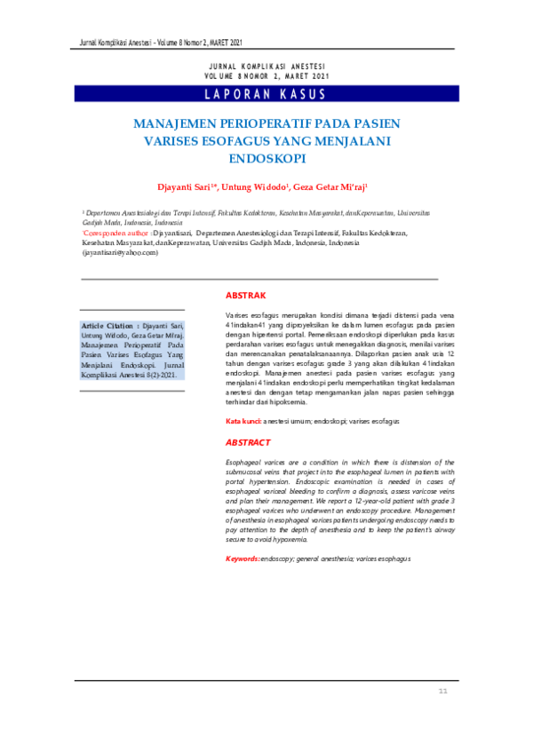 (PDF) Manajemen Perioperatif Pada Pasien Varises Esofagus Yang ...