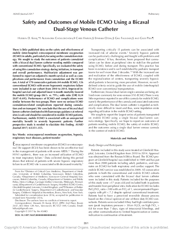 (PDF) Safety and outcomes of mobile ECMO using a bicaval dual-stage ...