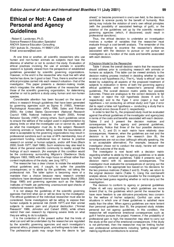 (PDF) Ethical or Not: A Case of Personal and Agency Guidelines