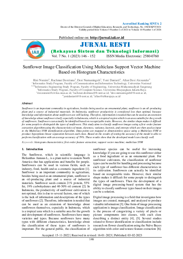 (PDF) Sunflower Image Classification Using Multiclass Support Vector Machine Based on Histogram ...