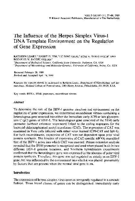 (PDF) The influence of the herpes simplex virus-1 DNA template environment on the regulation of ...
