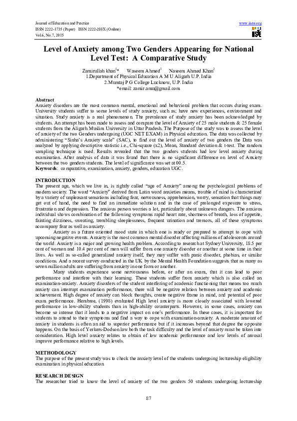 (PDF) Level of Anxiety among Two Genders Appearing for National Level ...