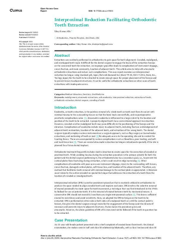 (PDF) Interproximal Reduction Facilitating Orthodontic Teeth Extraction
