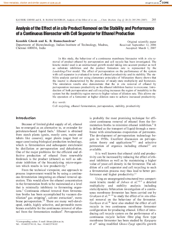 (PDF) Analysis of the Effect of In Situ Product Removal on the Stability and Performance of a ...