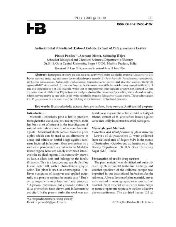 (PDF) Antimicrobial Potential of Hydro-Alcoholic Extract of Ruta graveolens Leaves