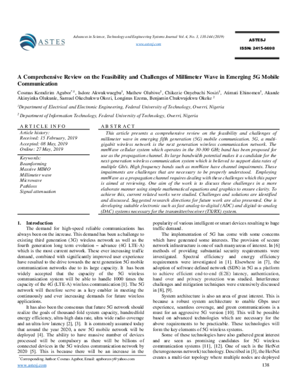 (PDF) A Comprehensive Review on the Feasibility and Challenges of Millimeter Wave in Emerging 5G ...