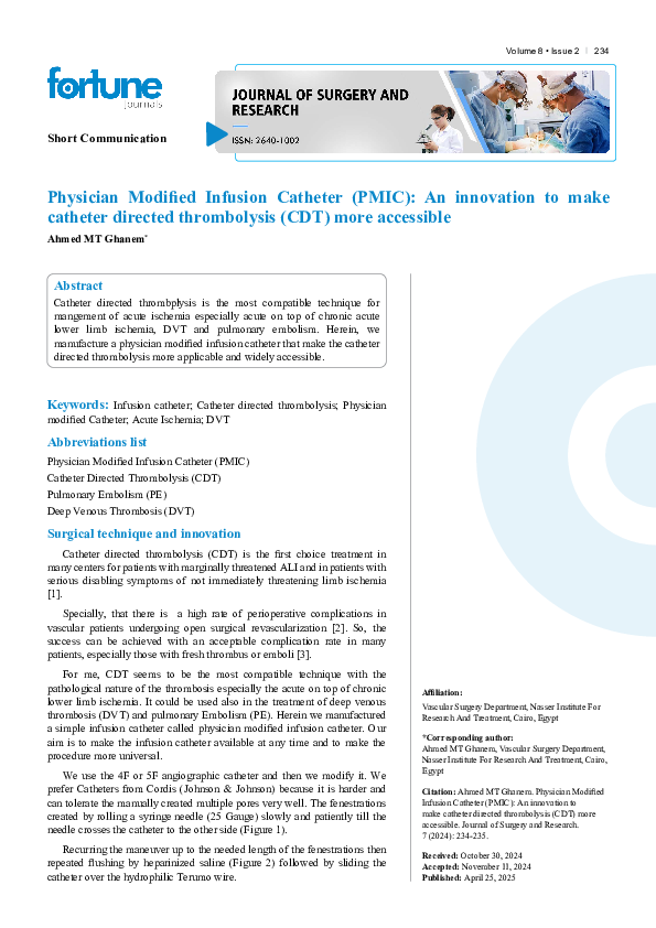 (PDF) Physician Modified Infusion Catheter (PMIC): An innovation to make catheter directed ...