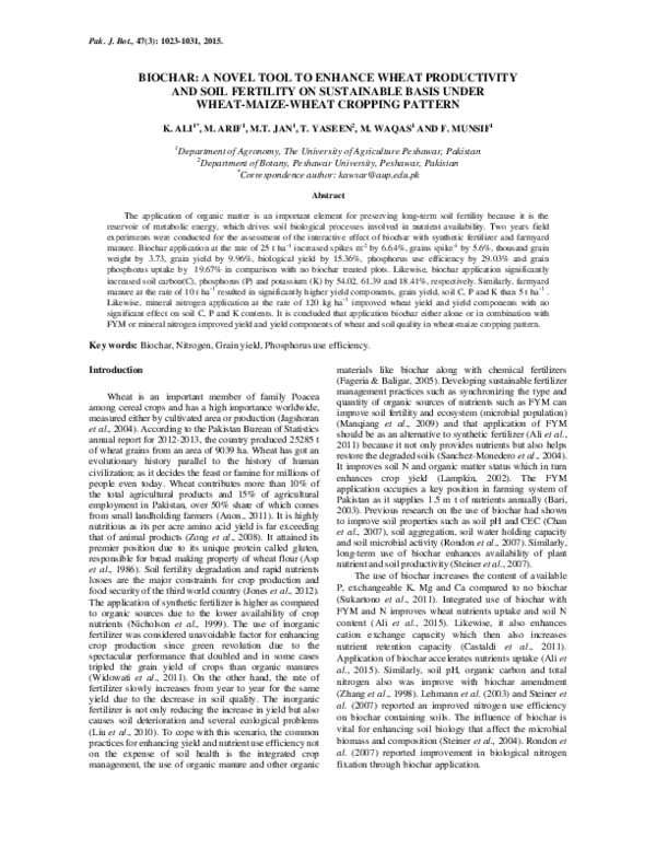 (PDF) Biochar: A Novel Tool to Enhance Wheat Productivity and Soil Fertility on Sustainable ...