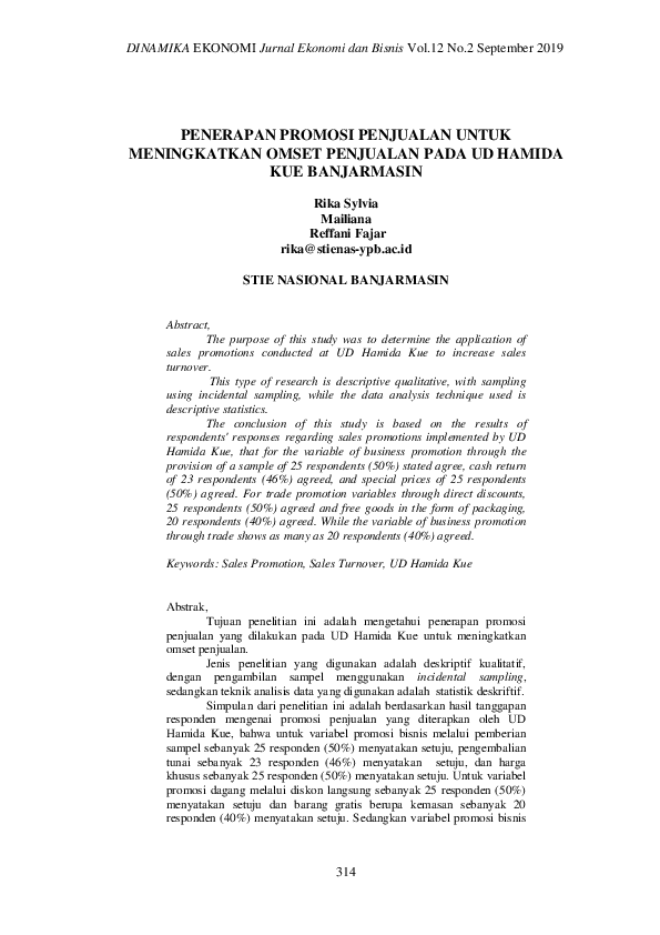 (PDF) Penerapan Promosi Penjualan Untuk Meningkatkan Omset Penjualan Pada Ud Hamida Kue Banjarmasin