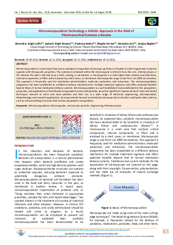 (PDF) Microencapsulation Technology a Holistic Approach in the Field of Pharmaceutical Sciences ...