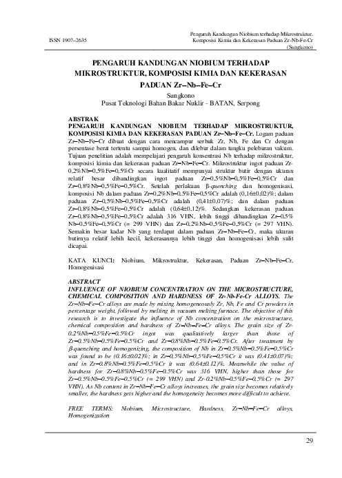 (PDF) PENGARUH KANDUNGAN NIOBIUM TERHADAP MIKROSTRUKTUR, KOMPOSISI KIMIA DAN KEKERASAN PADUAN Zr ...