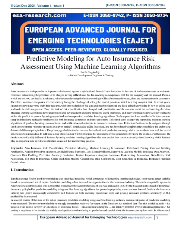 (PDF) Predictive Modeling for Auto Insurance Risk Assessment Using ...