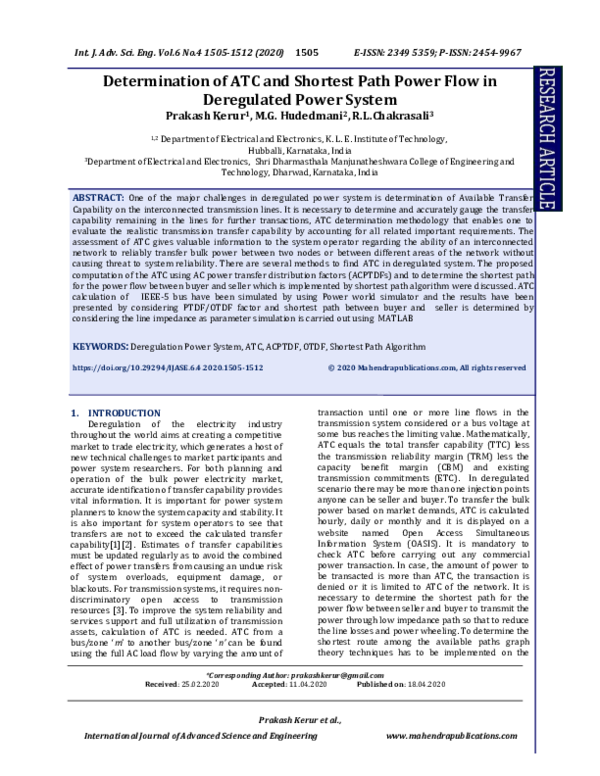 (PDF) Determination of ATC and Shortest Path Power Flow in Deregulated ...