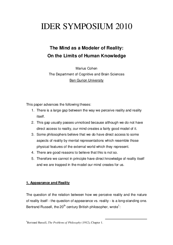 (PDF) The Mind as a Modeler of Reality: On the Limits of Human Knowledge