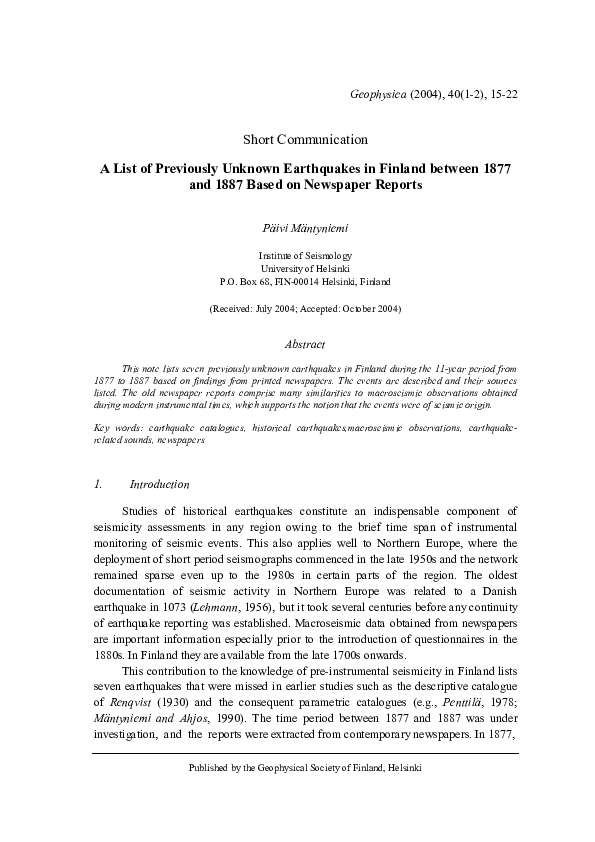 (PDF) A List of Previously Unknown Earthquakes in Finland between 1877 ...