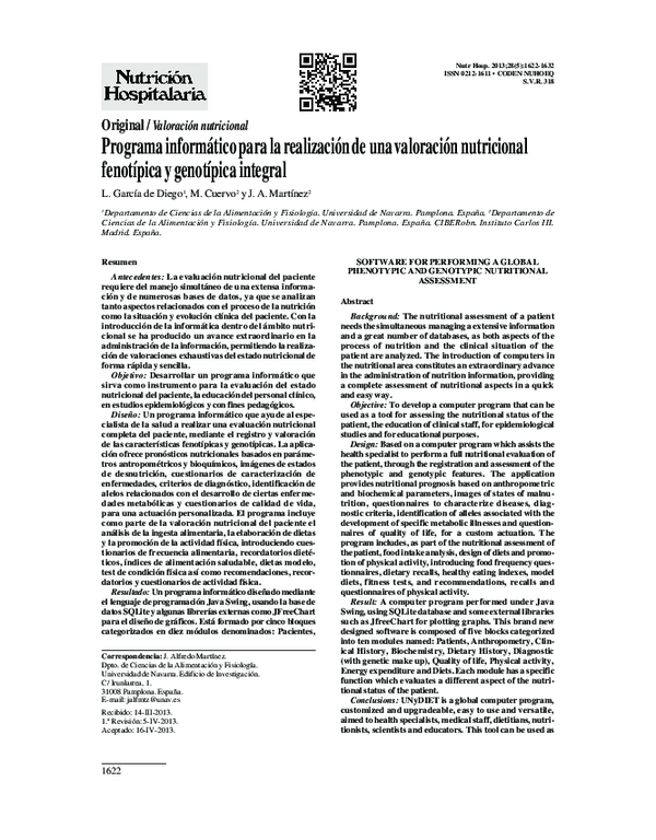(PDF) Original / Valoración nutricional Programa informático para la realización de una ...