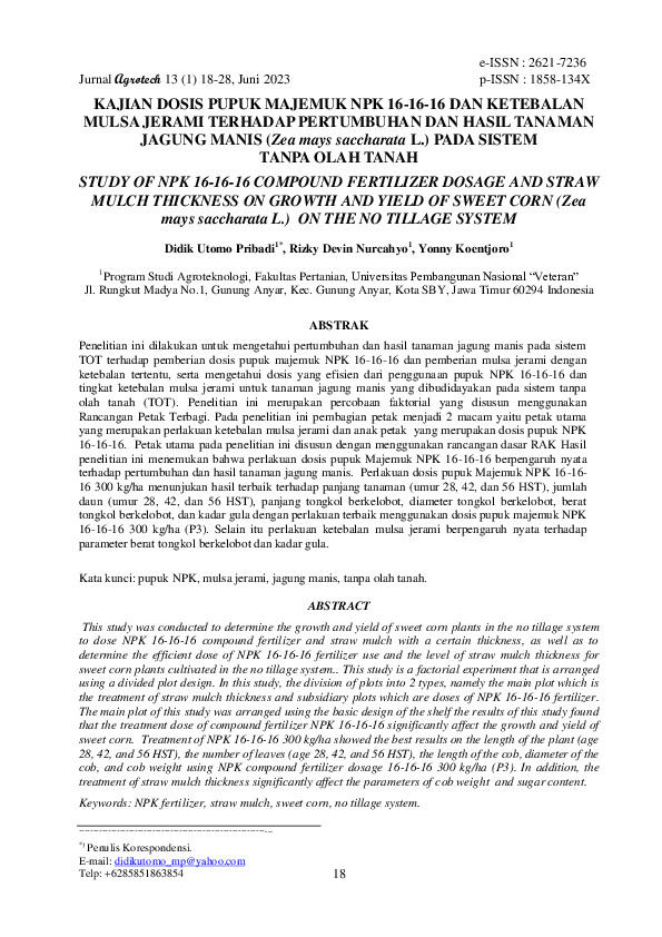 (PDF) KAJIAN DOSIS PUPUK MAJEMUK NPK 16-16-16 DAN KETEBALAN MULSA JERAMI TERHADAP PERTUMBUHAN ...