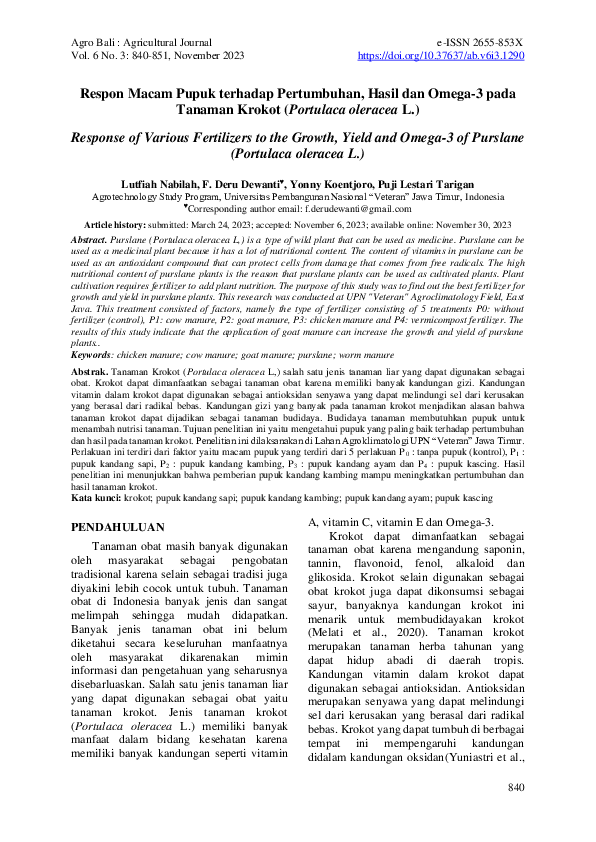 (PDF) Respon Macam Pupuk terhadap Pertumbuhan, Hasil dan Omega-3 pada Tanaman Krokot (Portulaca ...