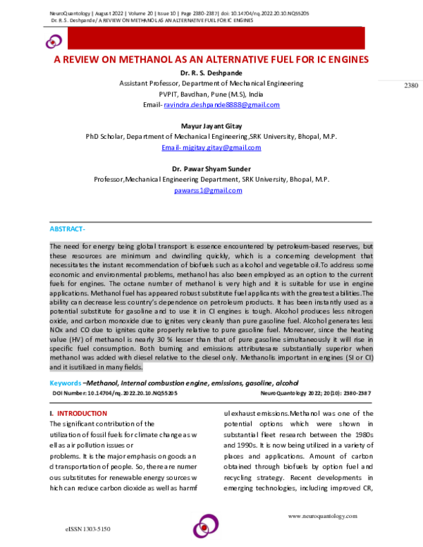 (PDF) A REVIEW ON METHANOL AS AN ALTERNATIVE FUEL FOR IC ENGINES